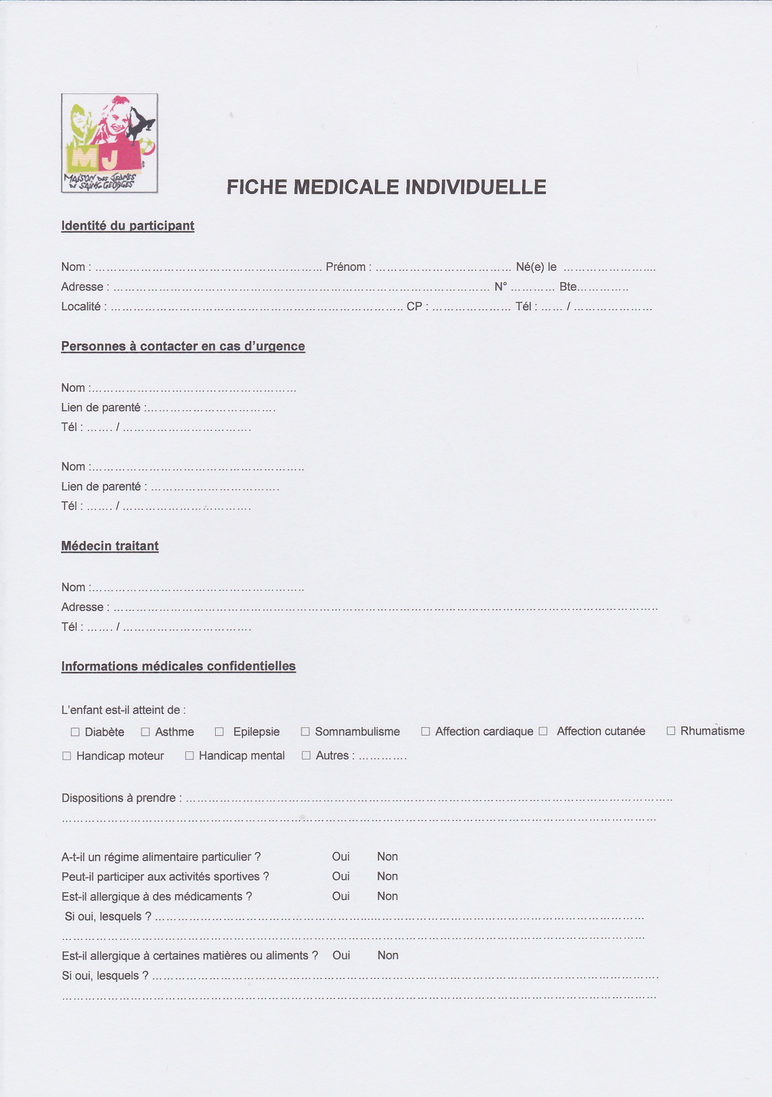 Fiche médicale 1 – Maison des jeunes de Saint-Georges